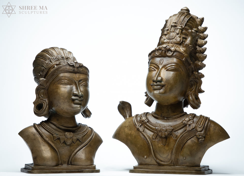 Shiva and Parvati Busts – 11" & 8" Chola-Style Panchaloha Bronze ...
